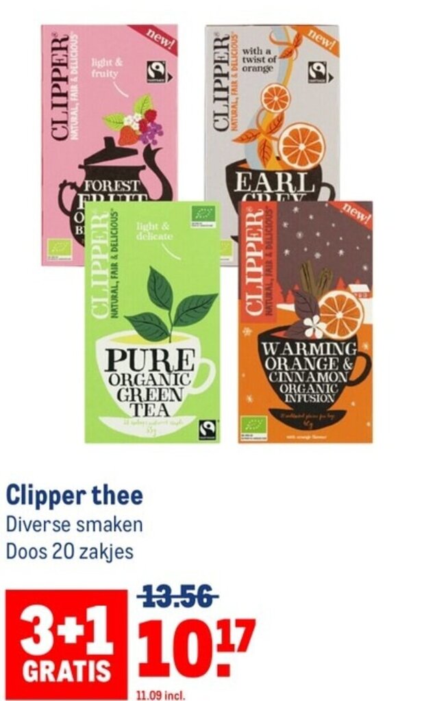 Clipper thee 3+1 GRATIS aanbieding bij Makro