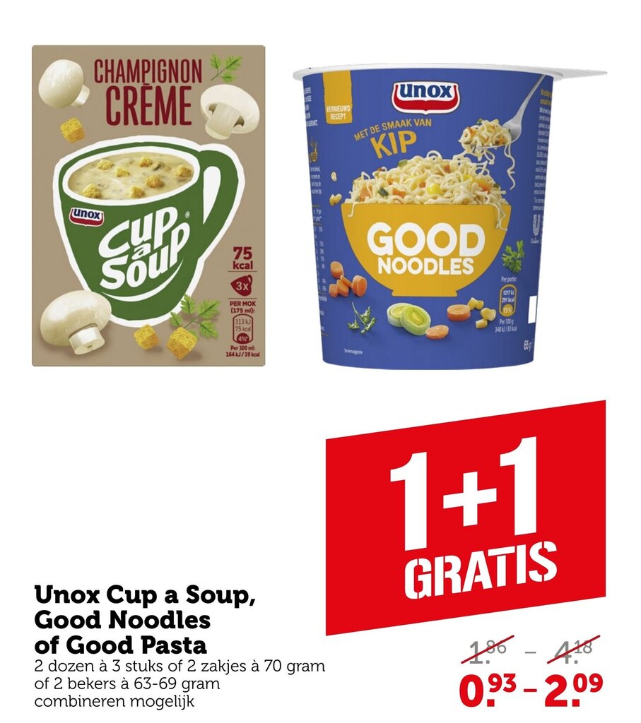 Unox Cup a Soup, Good Noodles of Good Pasta 1+1 gratis aanbieding bij Coop
