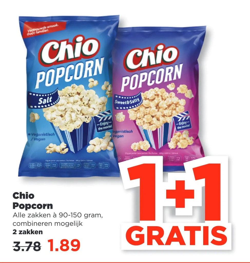 Chio popcorn 1+1 GRATIS aanbieding bij PLUS
