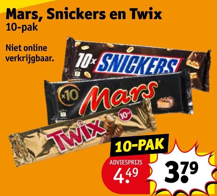 Mars, Snickers en Twix 10-pak aanbieding bij Kruidvat