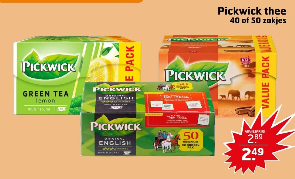 Pickwick thee 40 of 50 zakjes aanbieding bij Trekpleister