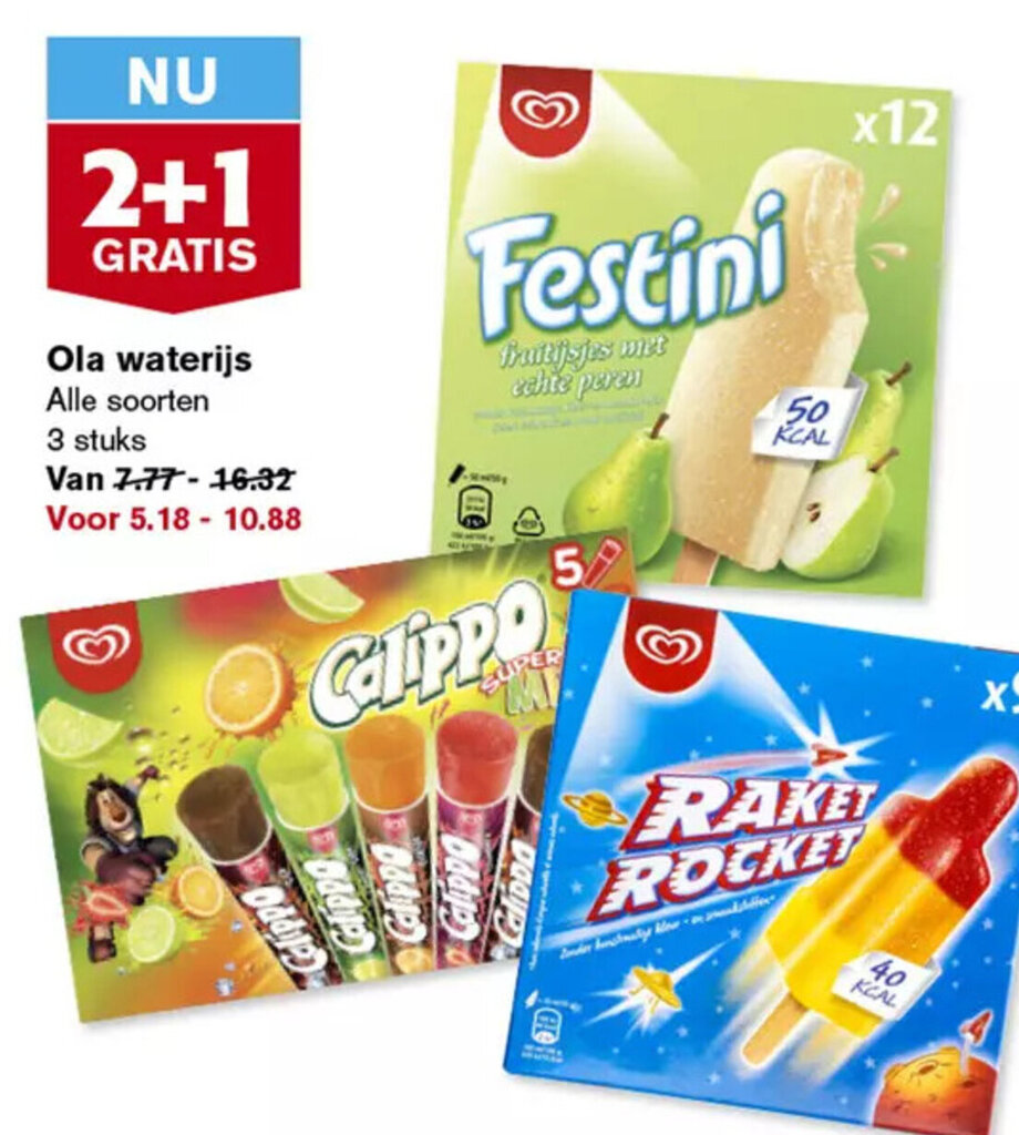 Ola waterijs 2+1 gratis aanbieding bij Hoogvliet