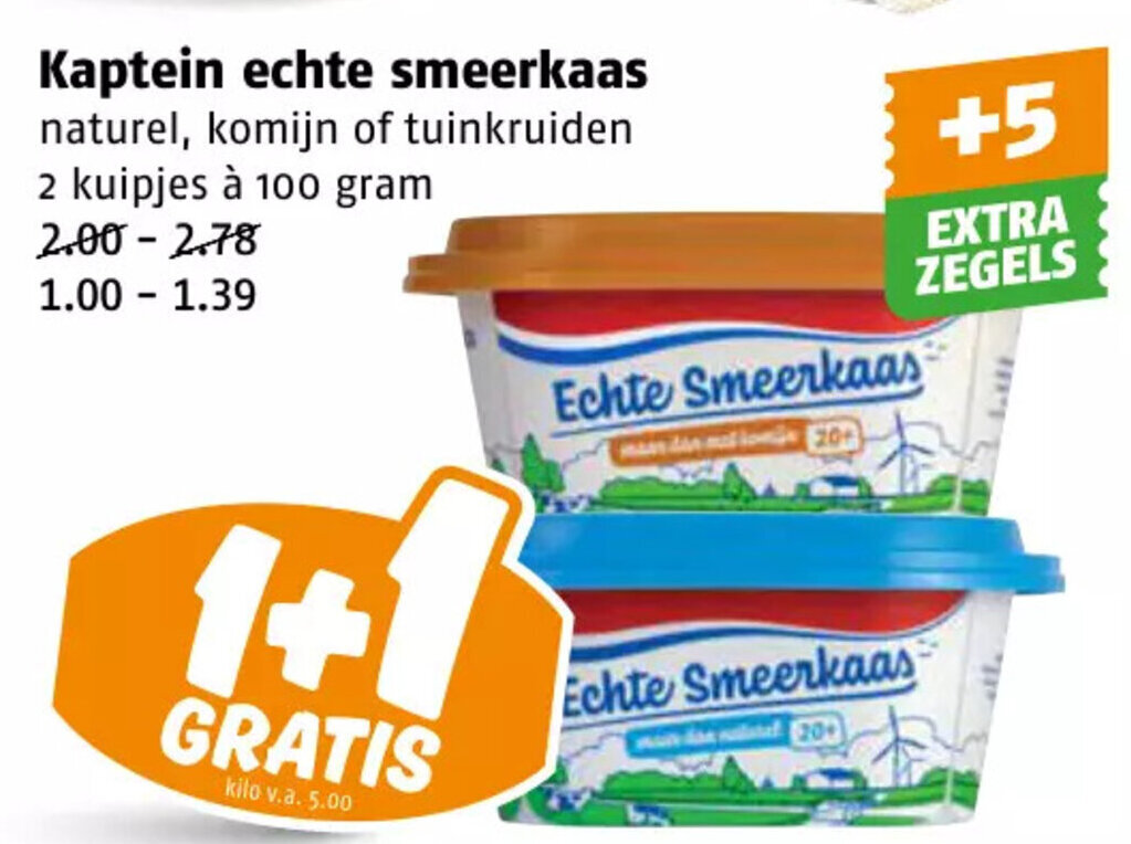 Kaptein echte smeerkaas 100g aanbieding bij Poiesz