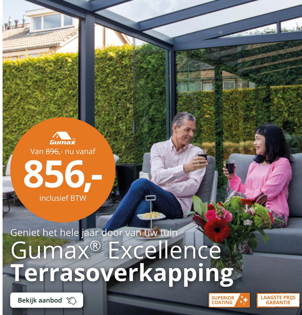 Gumax excellence terrasoverkapping aanbieding bij Tuinmaximaal