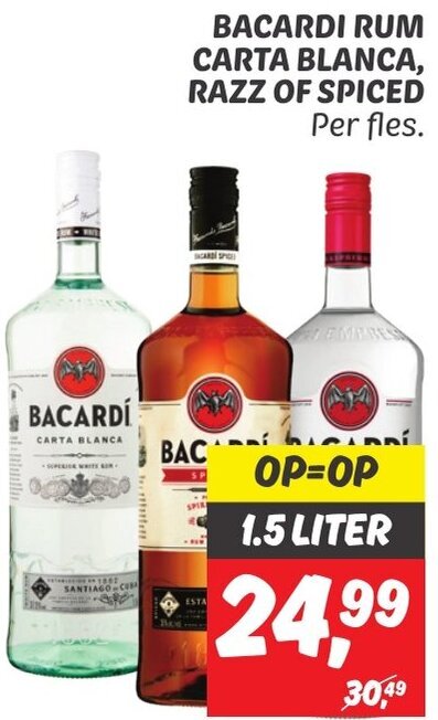 BACARDI RUM CARTA BLANCA, RAZZ OF SPICED Per fles. aanbieding bij Dekamarkt