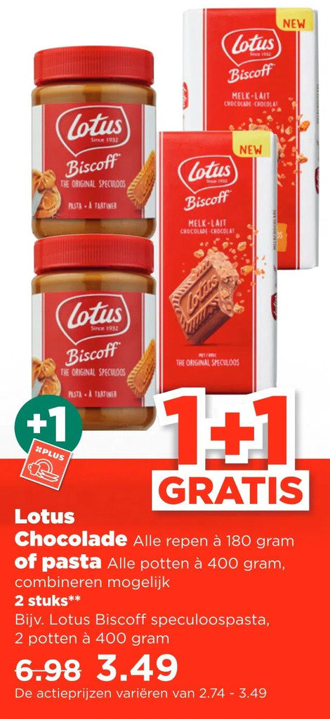 Lotus, chocolade of pasta 1+1 GRATIS aanbieding bij PLUS