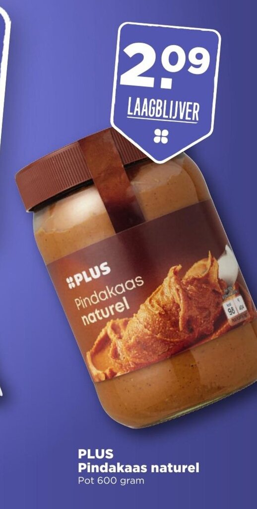 Pindakaas Naturel 600 gram aanbieding bij PLUS