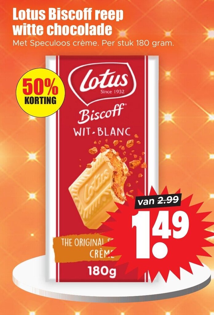 Lotus Biscoff reep witte chocolade aanbieding bij Dirk