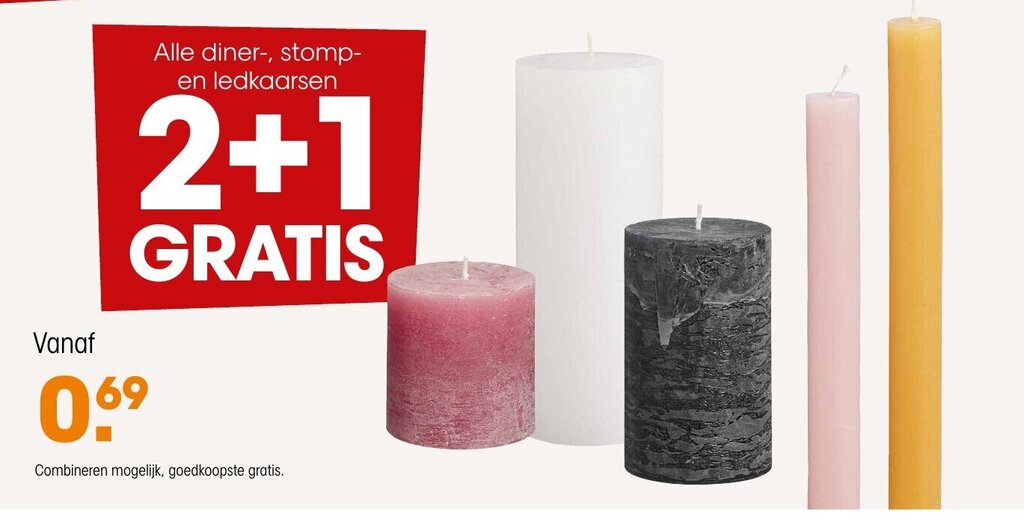 Alle diner, stompen ledkaarsen 2+1 gratis aanbieding bij Kwantum
