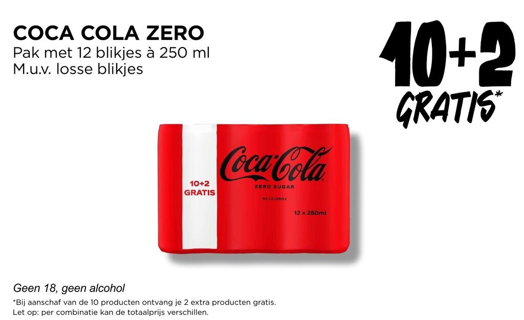 COCA COLA ZERO 250 ml 10+2 GRATIS aanbieding bij Jumbo