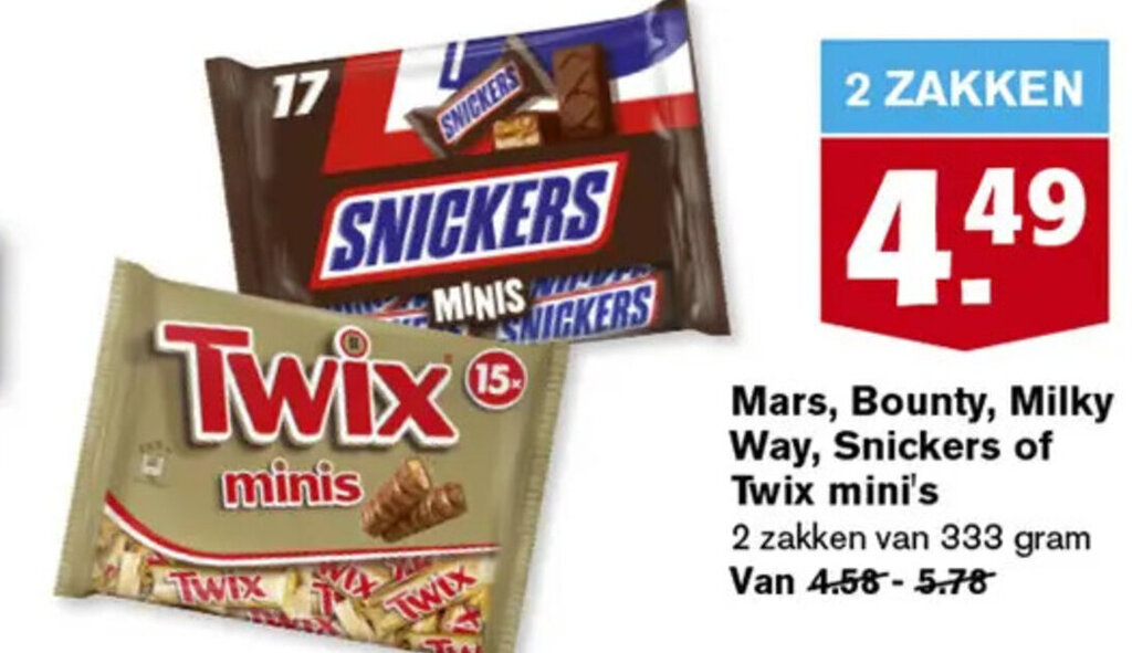 Mars, Bounty, Milky Way, Snickers of Twix mini's aanbieding bij Hoogvliet