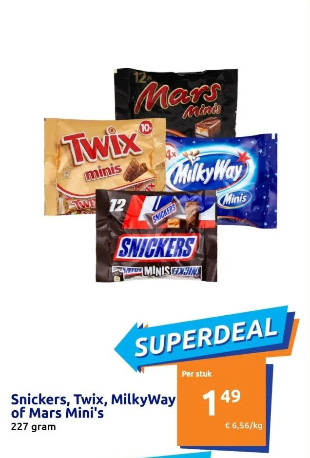Snickers, twix, milkyway of mars mini aanbieding bij Action