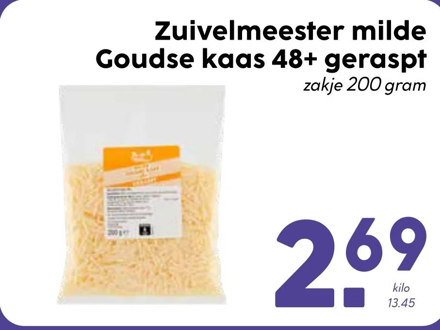 Zuivelmeester milde goudse kaas 48+ geraspt aanbieding bij Boon`s Markt