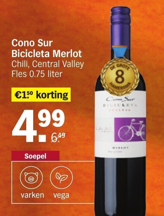 Cono Sur Bicicleta Merlot Fles 0.75 liter aanbieding bij Albert Heijn