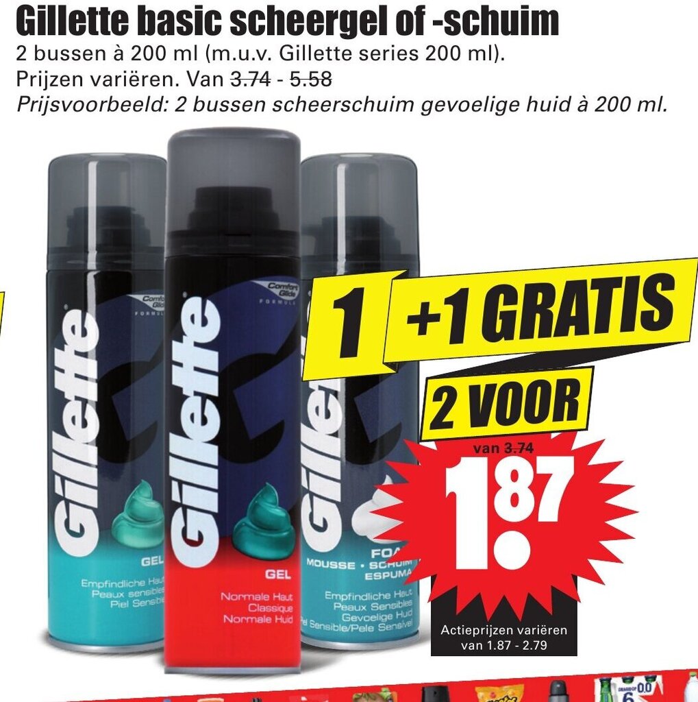 Gillette Basic scheergel of -chuim 2*200ml aanbieding bij Dirk