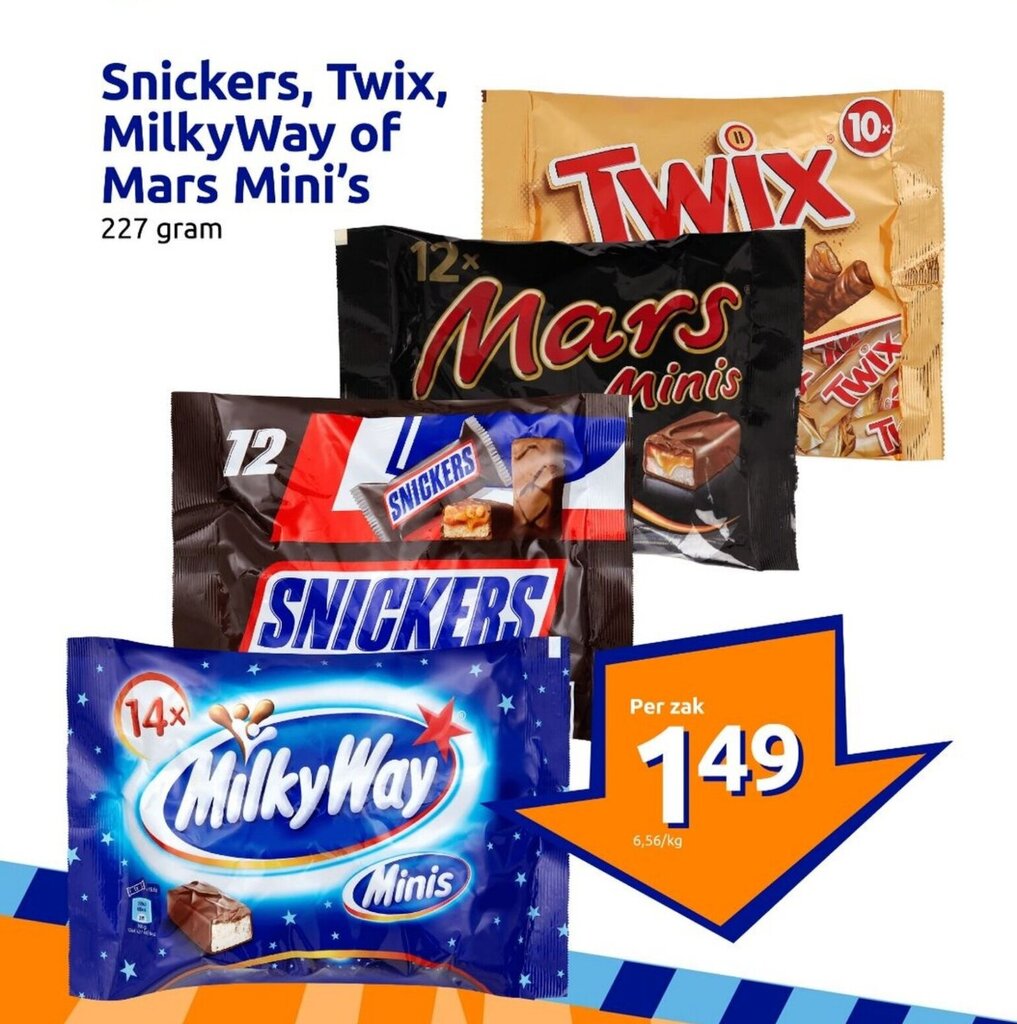 Snickers, Twix, MilkyWay of Mars Mini's 227 gram aanbieding bij Action