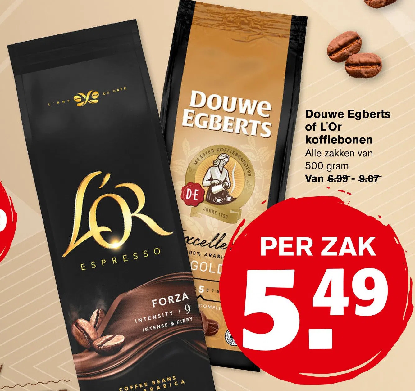 Douwe egberts of l'or koffiebonen aanbieding bij Hoogvliet