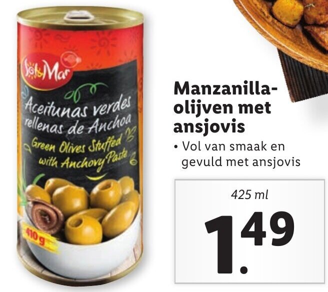 Manzanilla Olijven met ansjovis 425ml aanbieding bij Lidl