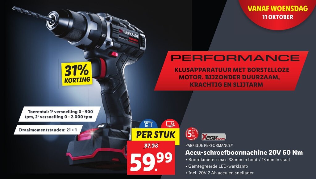 PARKSIDE PERFORMANCE Accu-schroefboormachine 20V 60 Nm aanbieding bij Lidl