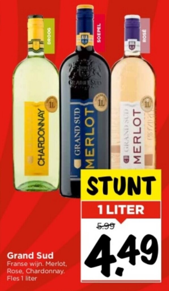 Grand Sud Franse wijn. Merlot, Rose, Chardonnay Fles 1 liter aanbieding ...
