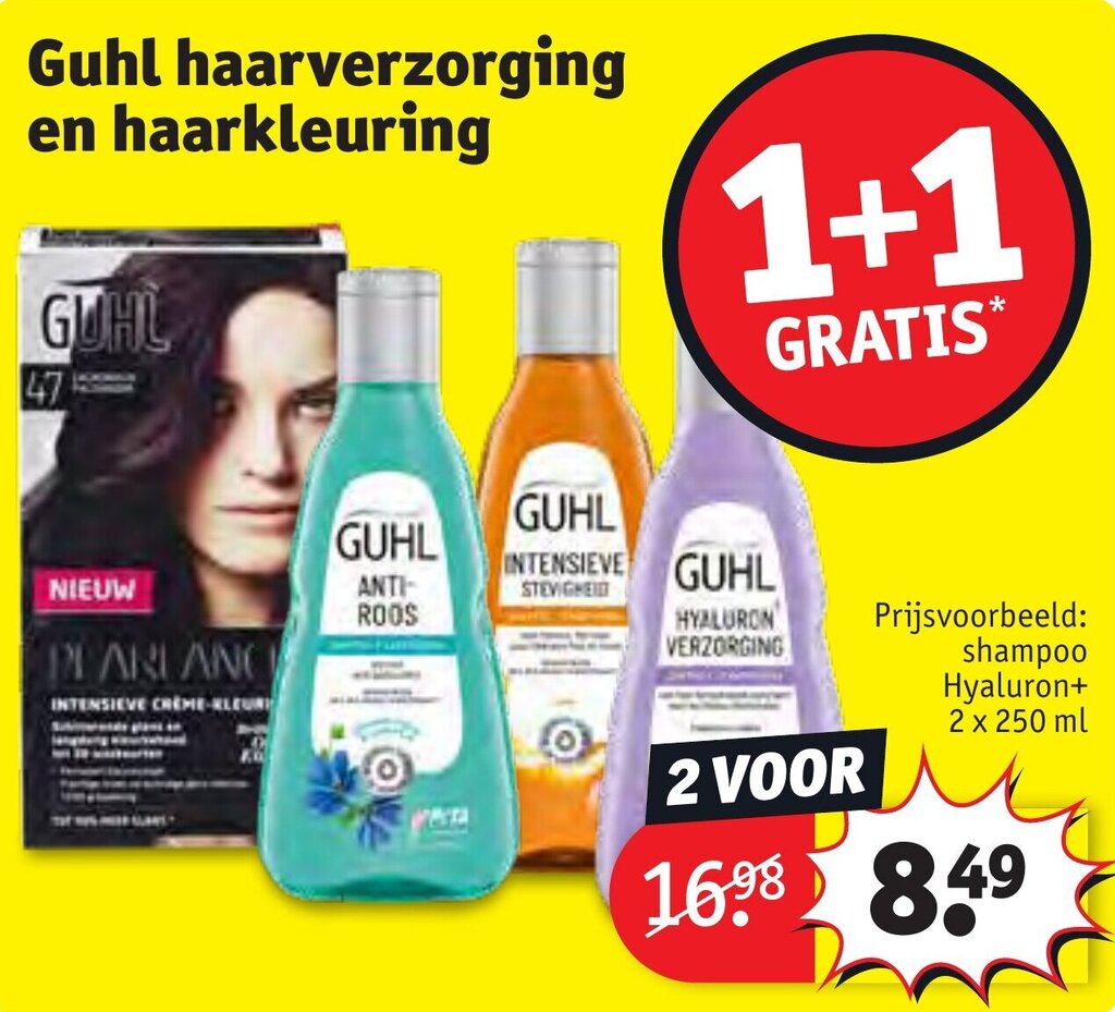Guhl haarverzorging en haarkleuring 1+1 gratis aanbieding bij Kruidvat