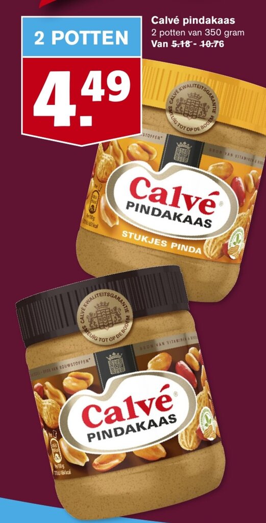 Calvé pindakaas 2 potten van 350 gram aanbieding bij Hoogvliet