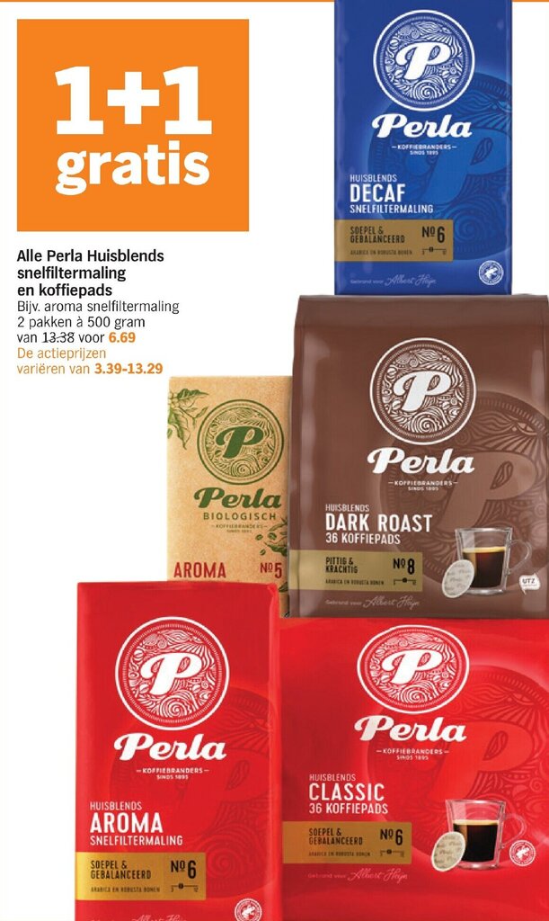 Alle Perla Huisblends snelfiltermaling en koffiepads 500g 1+1 GRATIS ...
