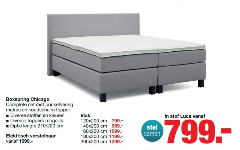 Boxspring chicago complete set met pocketvering matras en koudschuim topper. diverse stoffen en ...