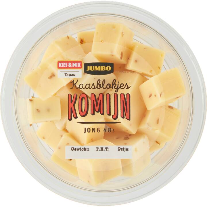 Jumbo kaasblokjes komijn jong 48+ 130g aanbieding bij Jumbo