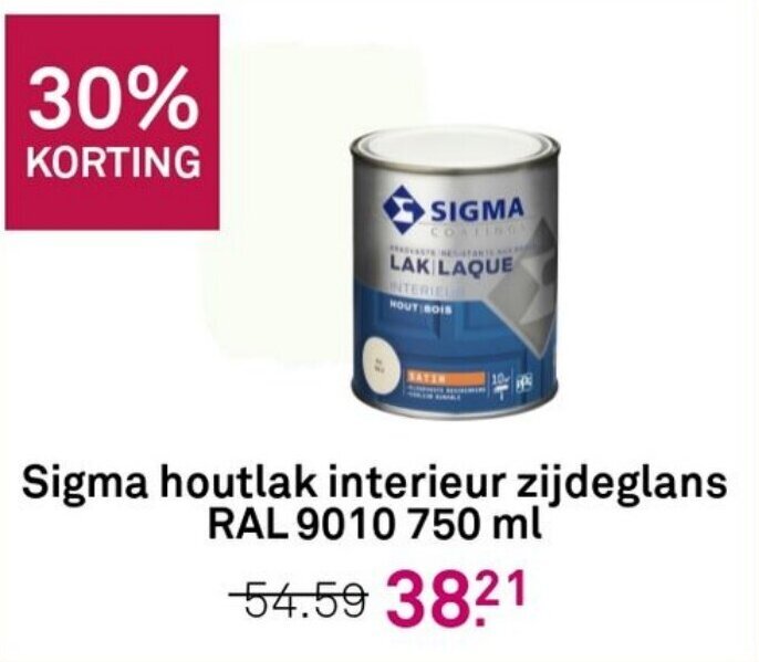 Sigma houtlak interieur zijdeglans RAL 9010 750 ml aanbieding bij Karwei