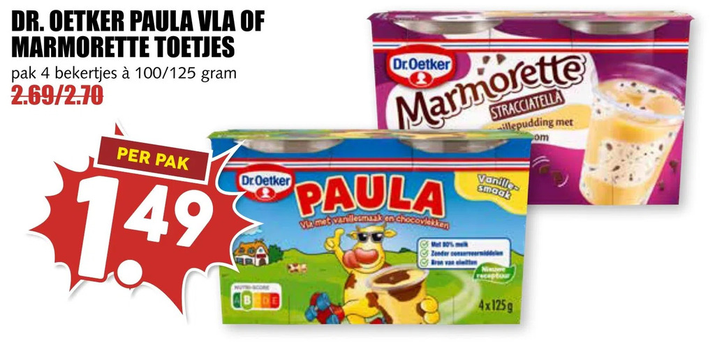 Dr. oetker paula vla of marmorette toetjes aanbieding bij MCD Supermarkt