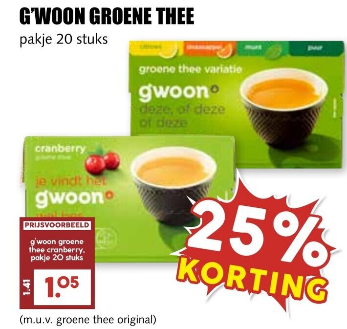 G'WOON GROENE THEE pakje 20 stuks aanbieding bij De Boerenschuur