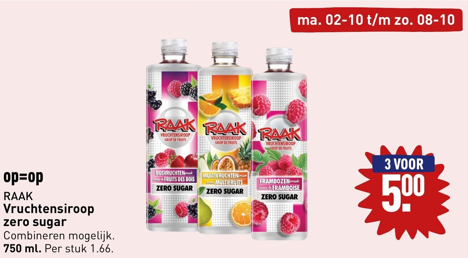 RAAK Vruchtensiroop zero sugar 750ml aanbieding bij ALDI