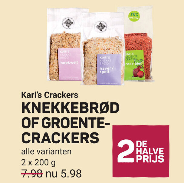 Kari's Crackers KNEKKEBRØD OF GROENTE CRACKERS 2x200 g aanbieding bij ...