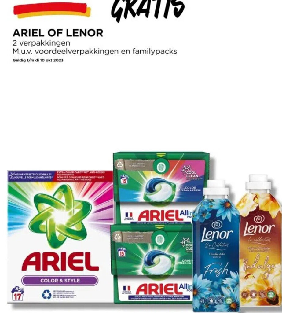 Ariel of lenor 2 verpakkingen aanbieding bij Jumbo