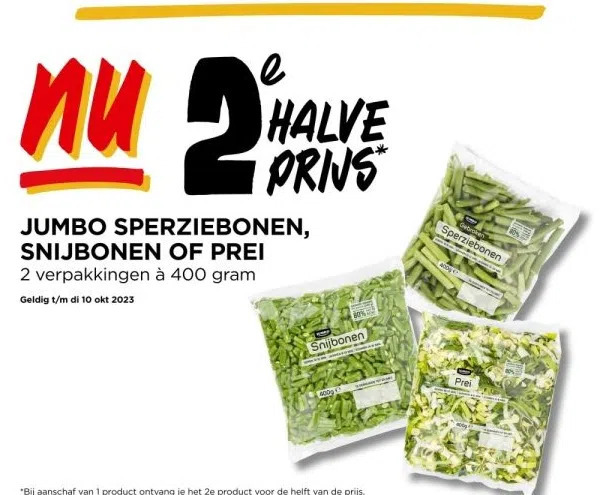 Jumbo sperziebonen, snijbonen of prei 2 verpakkingen à 400 gram ...