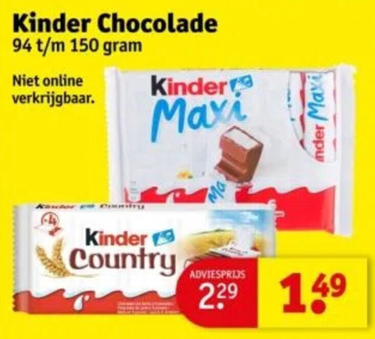 Kinder Chocolade 94 t/m 150 gram 94-150 gram aanbieding bij Kruidvat