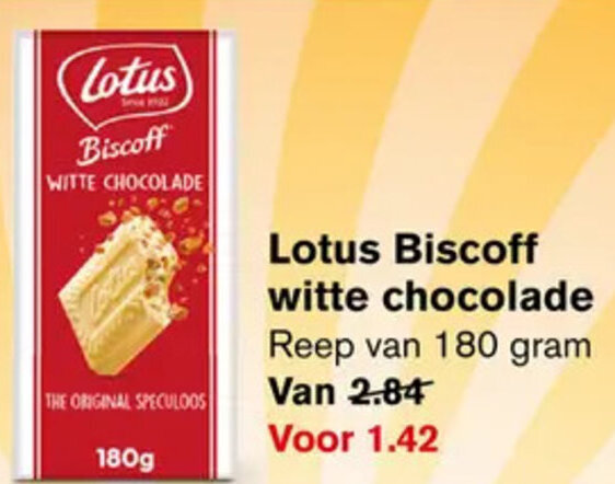 Lotus Biscoff witte chocolade 180 gram aanbieding bij Hoogvliet
