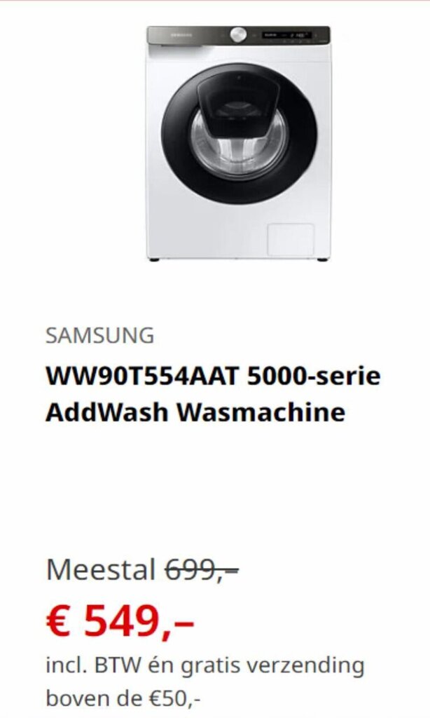 SAMSUNG WW90T554AAT 5000-serie AddWash Wasmachine aanbieding bij MediaMarkt