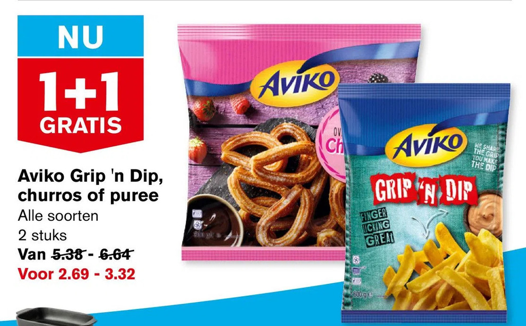 Aviko grip 'n dip, churros of puree 1+1 gratis, vanaf aanbieding bij ...