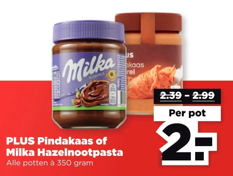 Plus pindakaas of milka hazelnootpasta aanbieding bij PLUS