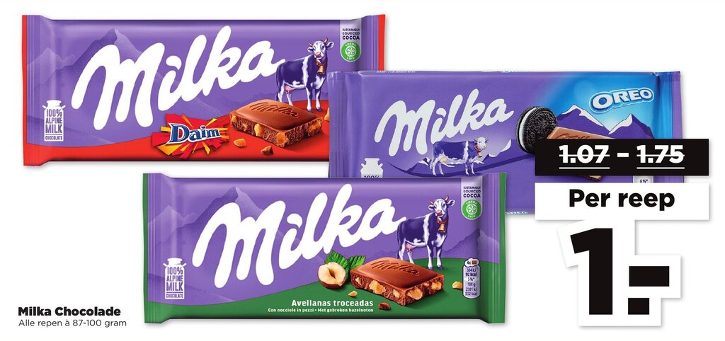 Milka Chocolade 87-100 g aanbieding bij PLUS