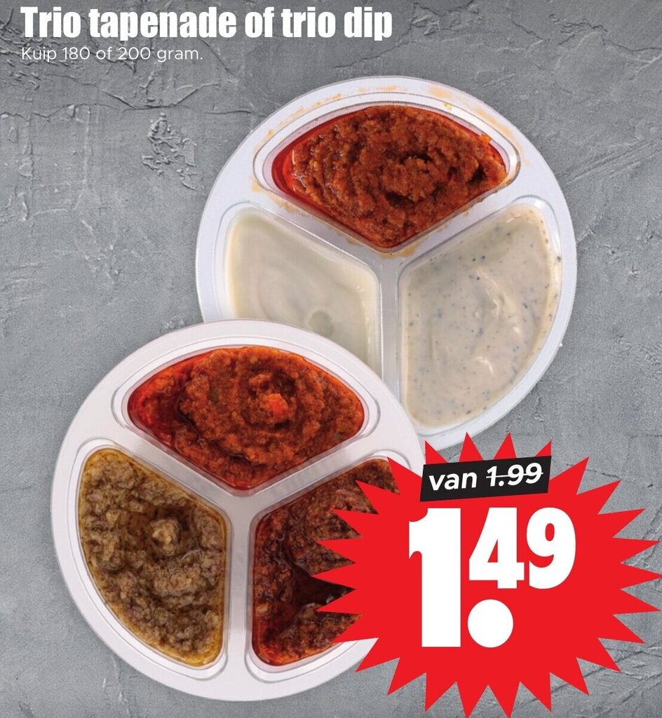 Trio tapenade of trio dip aanbieding bij Dirk