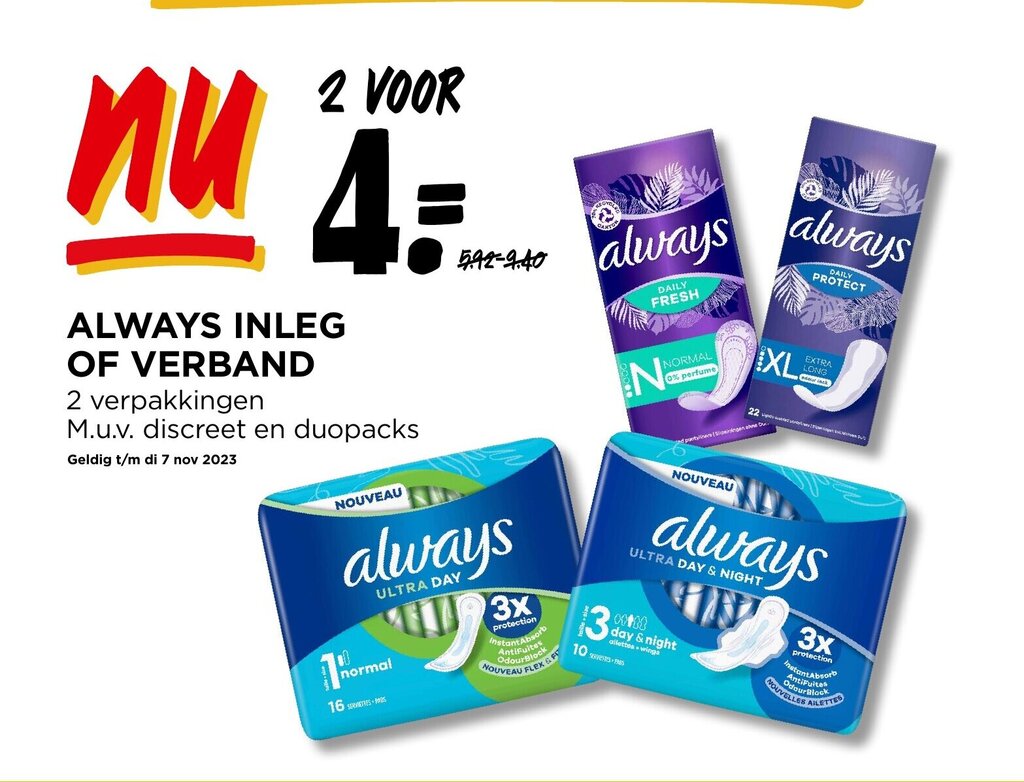 ALWAYS INLEG OF VERBAND aanbieding bij Jumbo