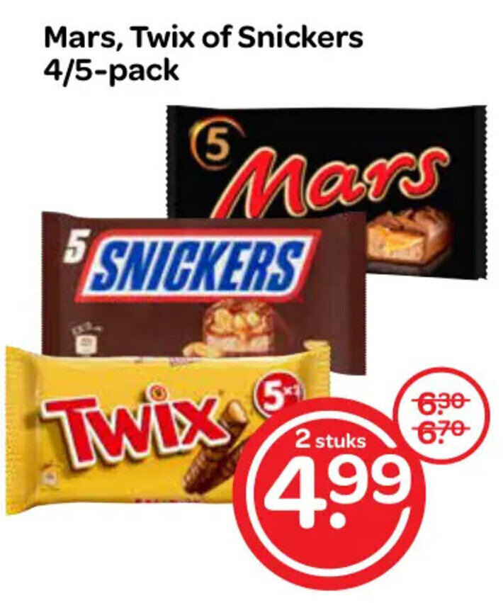 Mars, Twix of Snickers 4/5-pack aanbieding bij Spar