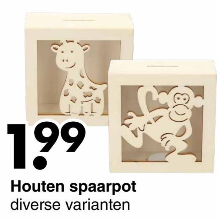 Houten spaarpot diverse varianten aanbieding bij Wibra
