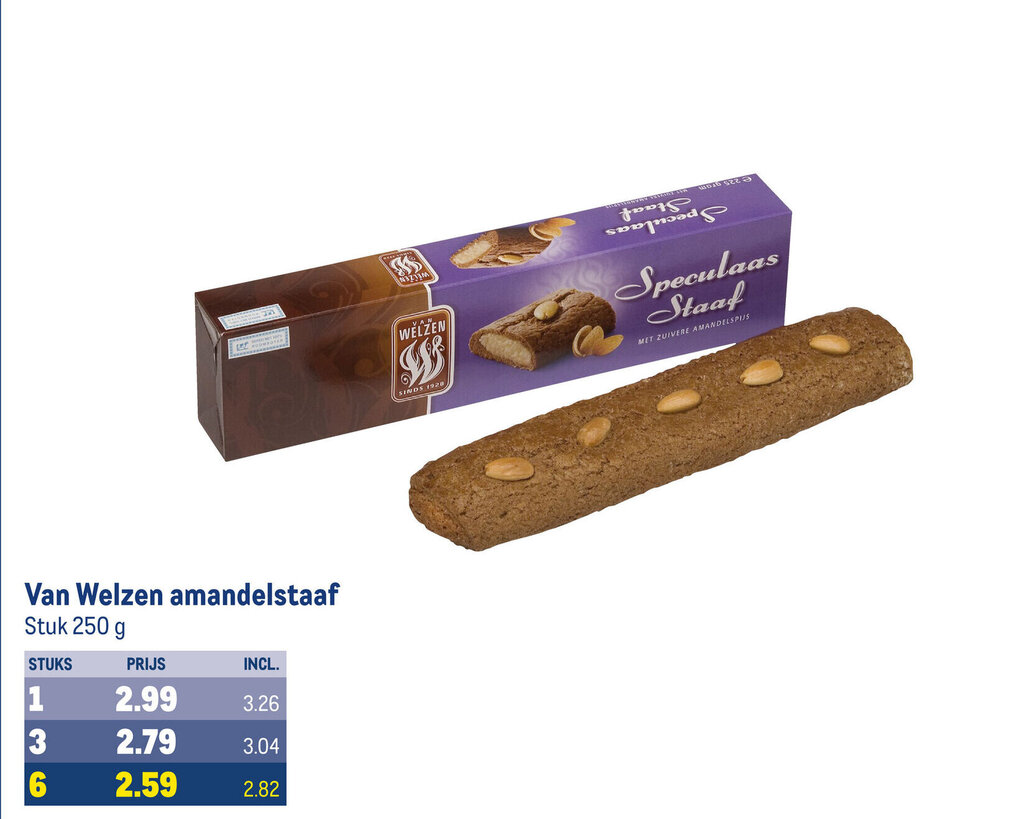 Van Welzen amandelstaaf 250g aanbieding bij Makro