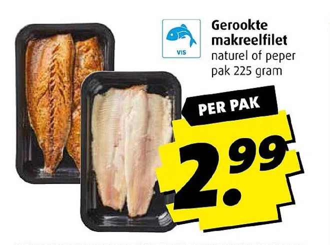 Gerookte makreelfilet naturel of peper aanbieding bij Boni