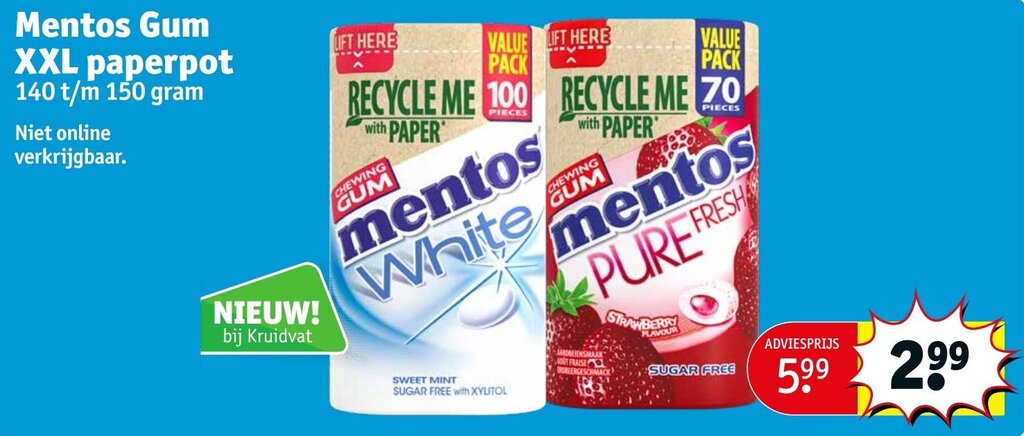 Mentos Gum XXL paperpot 140 t/m 150 gram aanbieding bij Kruidvat