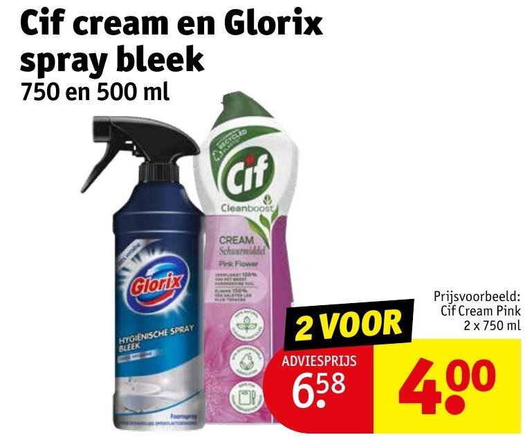 Cif cream en Glorix spray bleek 750 en 500 ml aanbieding bij Kruidvat